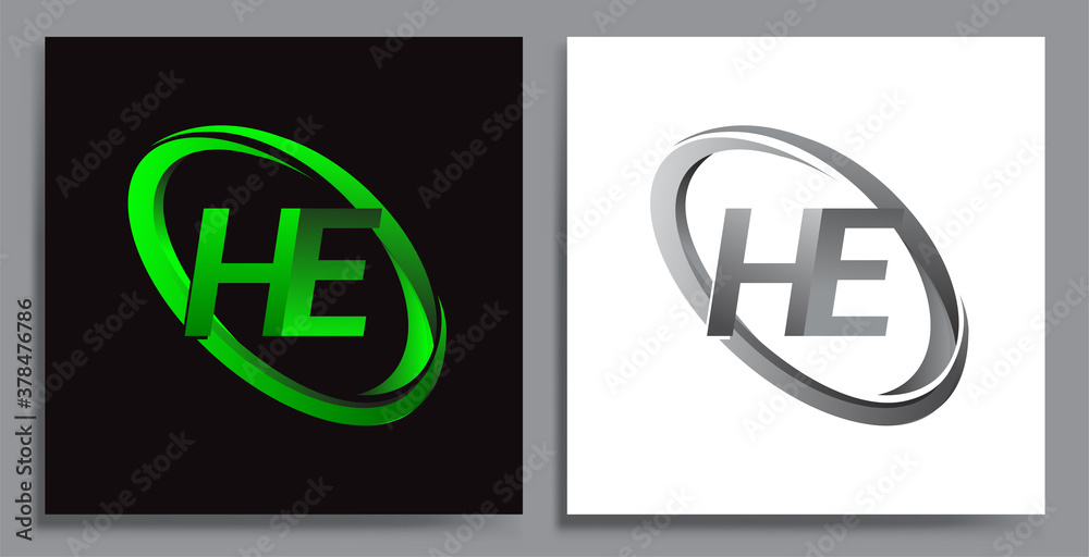 letter HE logotype design for company name colored Green swoosh and ...