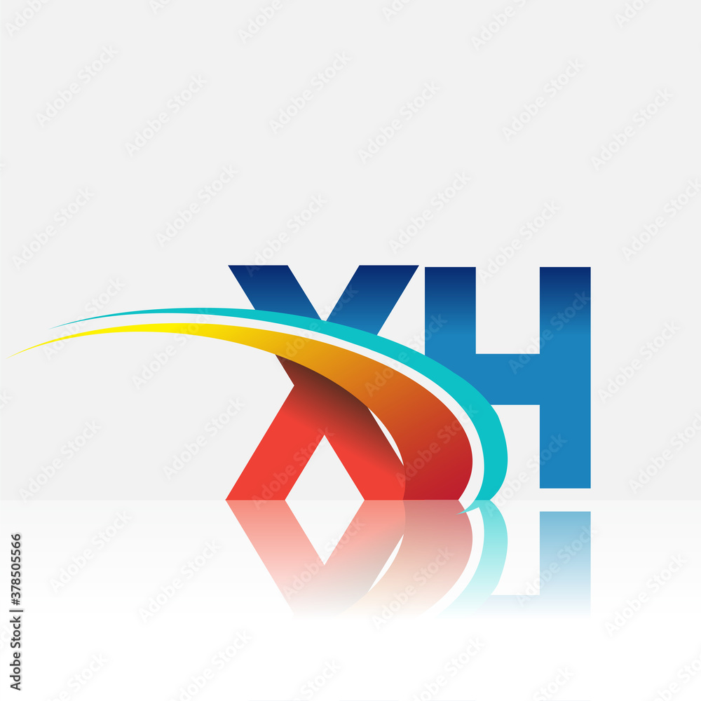 initial letter XH logotype company name colored red and blue and swoosh ...