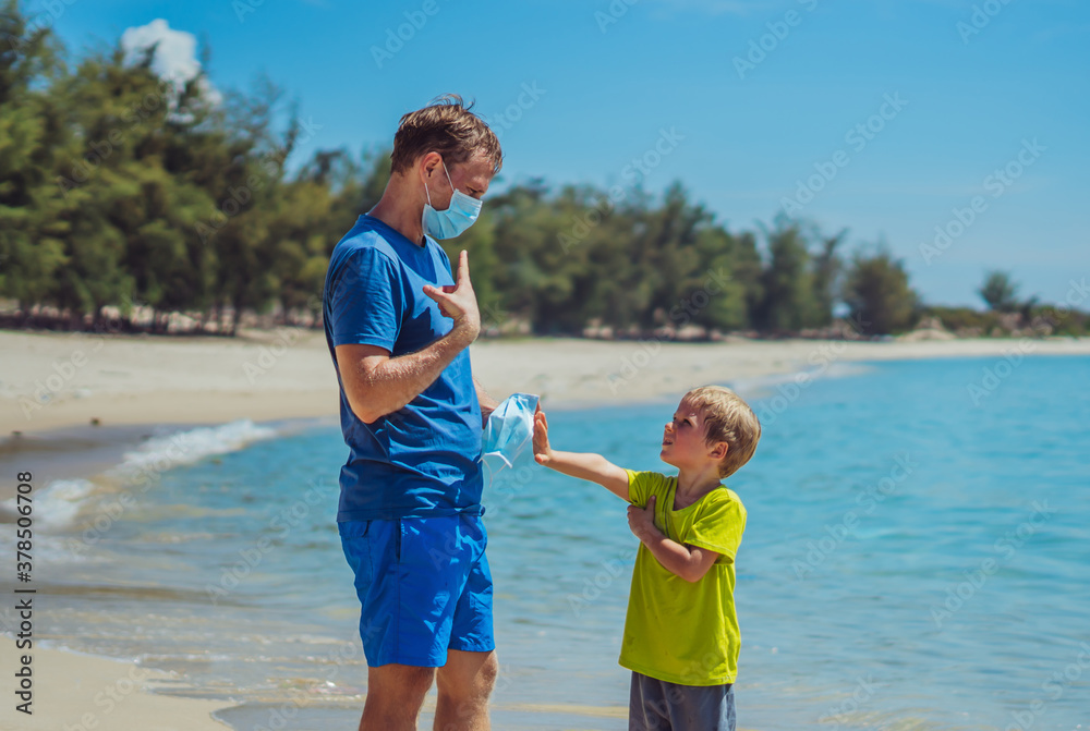 Normal reality COVID pandemic. Father ask boy put on mask protect ...
