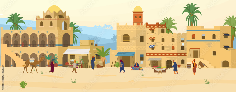 Vector illustration of Middle Eastern Scene. Ancient Arabic City In ...