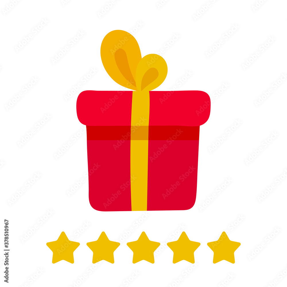 Hand drawn present gift box five star rating. Surprise red box with ...