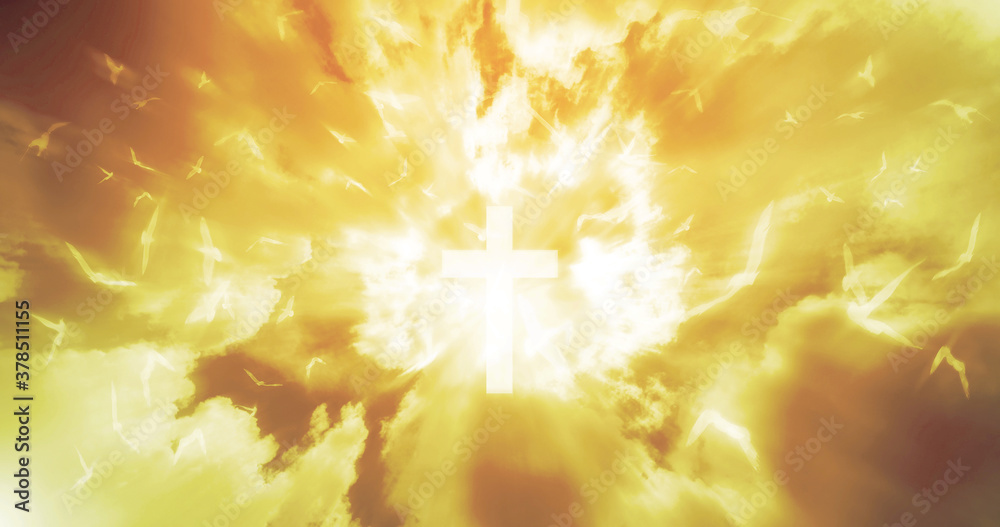 Christian cross appears bright in the sky background and soft clouds ...