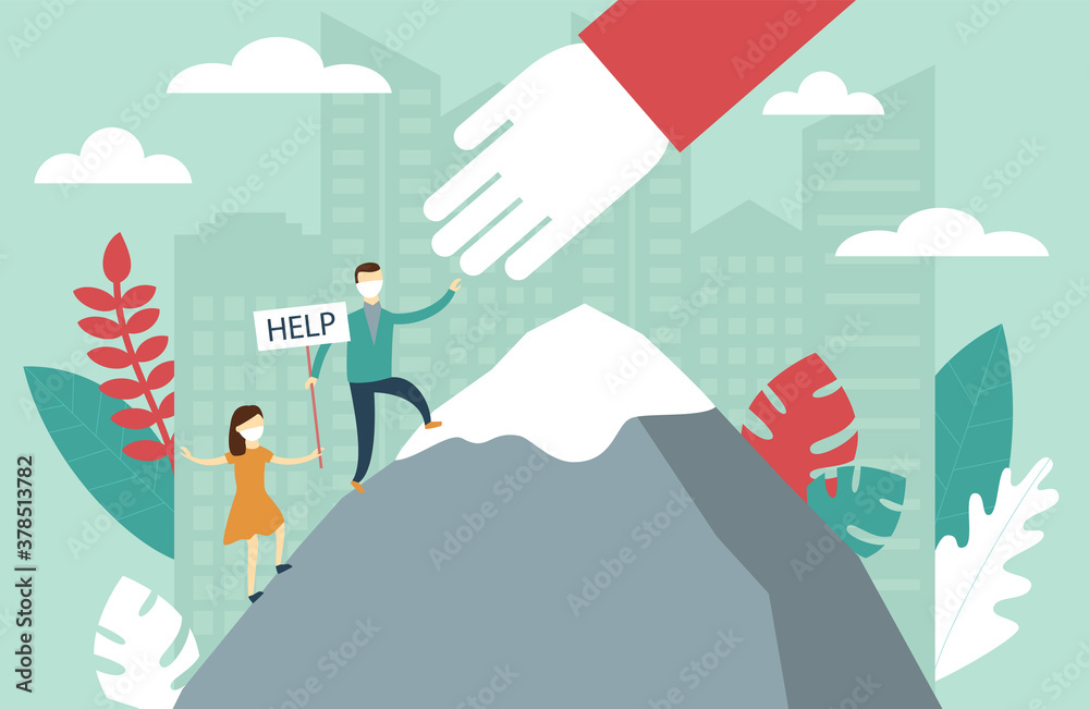 Help Needed Concept. Young Characters Climbing A High Mountain Holding ...