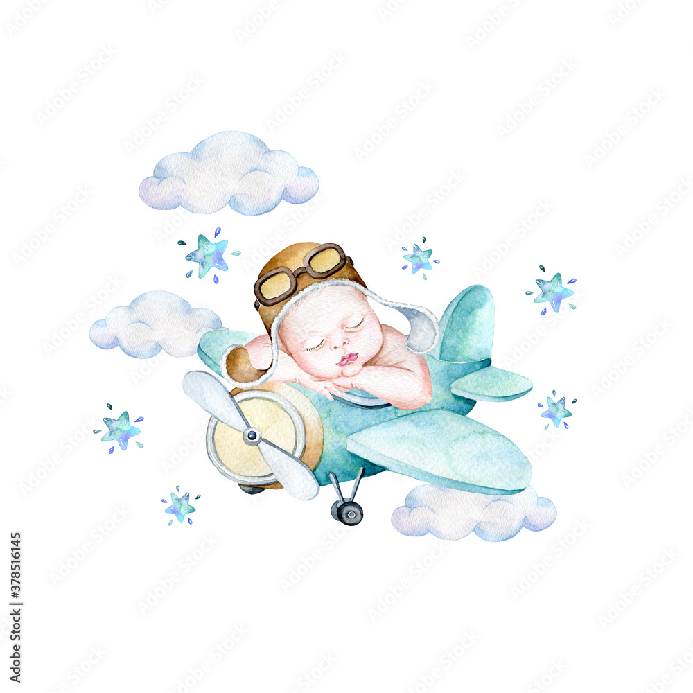 Watercolor baby boy illustration, baby in a plane illustration, beby ...