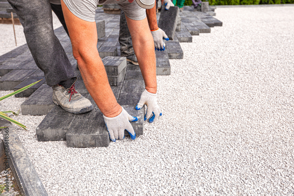 Paver is laying paving stones. Laying concrete paving stones. Stock ...