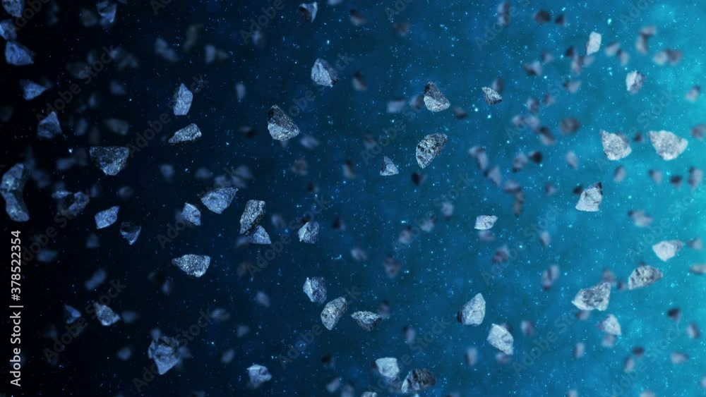 Flying many asteroids in deep space background. Broken splash explosion ...