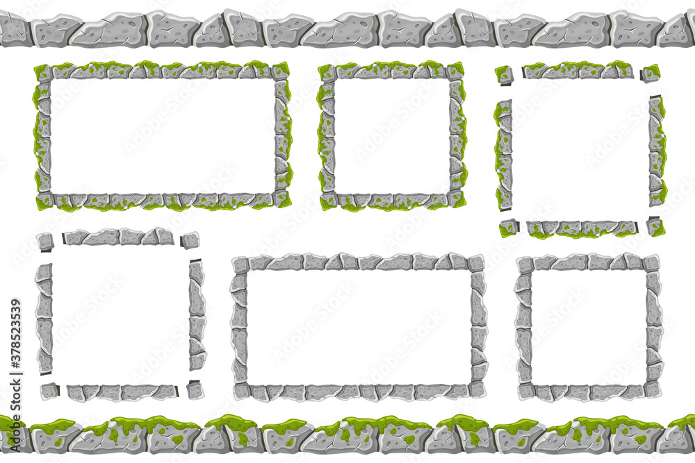 Set of seamless old gray rock border and frames with moss. Vector stone ...