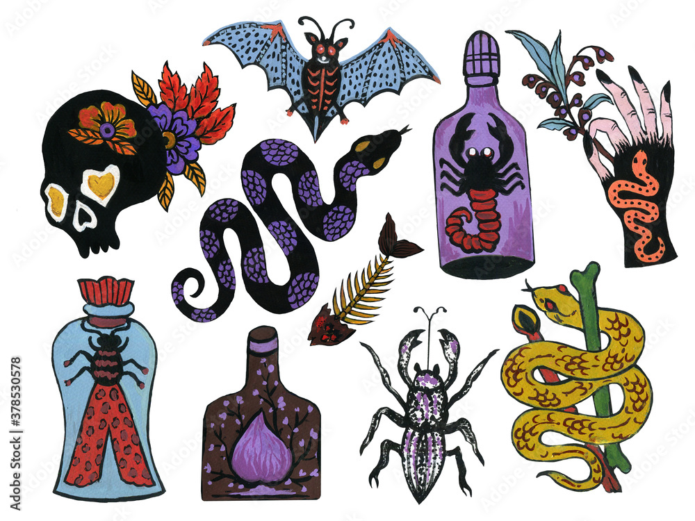 Watercolor illustration Magic witchcraft skull snake poison bottle dark ...