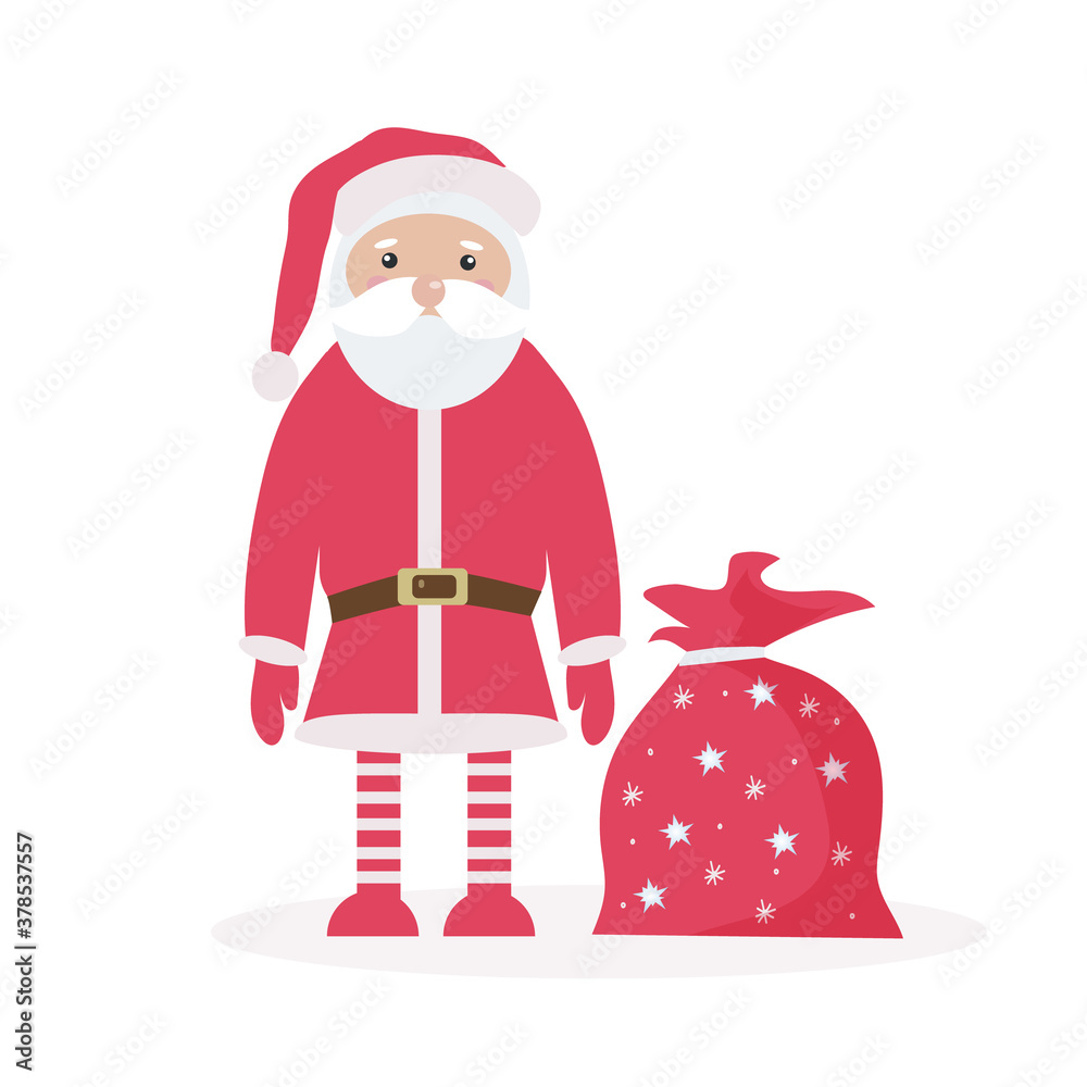 Santa Claus in a red coat and a bag of gifts. Cute character. Christmas ...