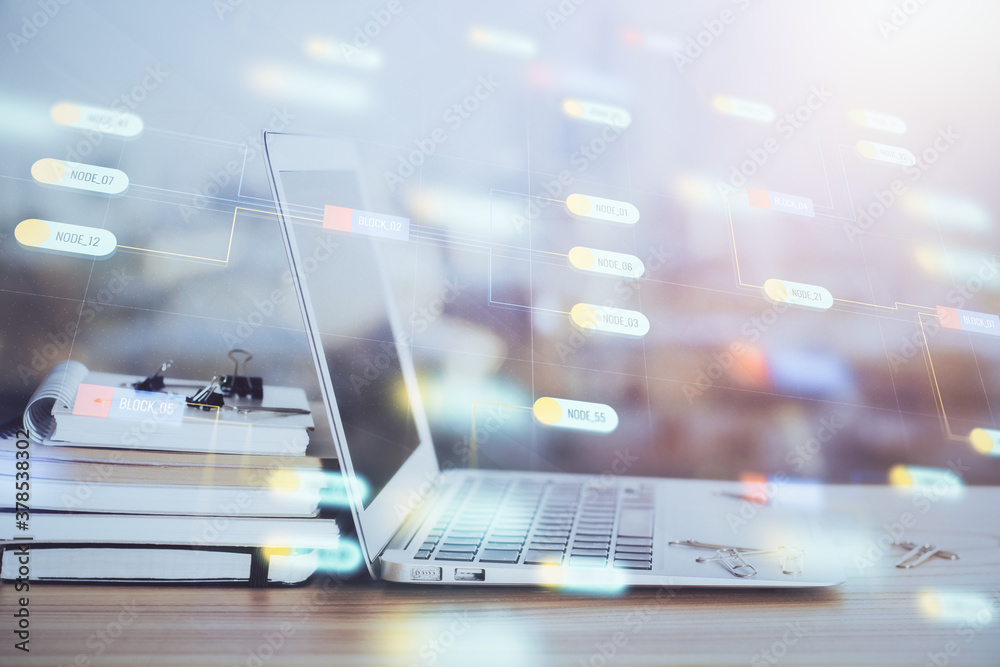 Double exposure of computer and technology theme drawing. Concept of ...