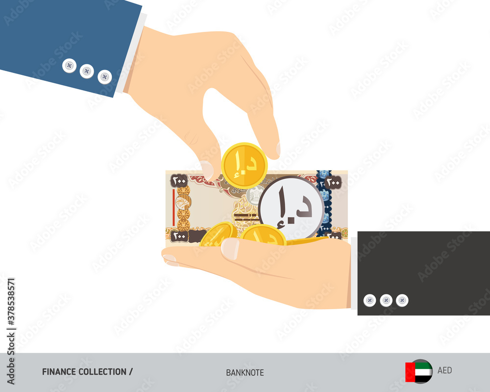 200 United Arab Emirates Dirham banknote and coins in the palm of hands ...