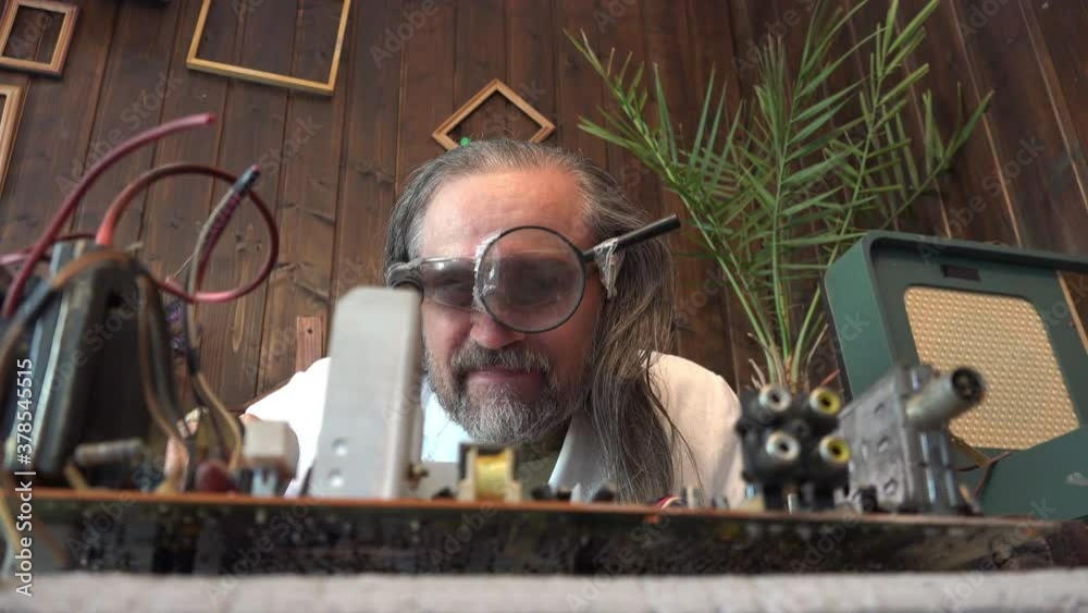 joke, humor, portrait of a mature mad man scientist in a white coat and ...