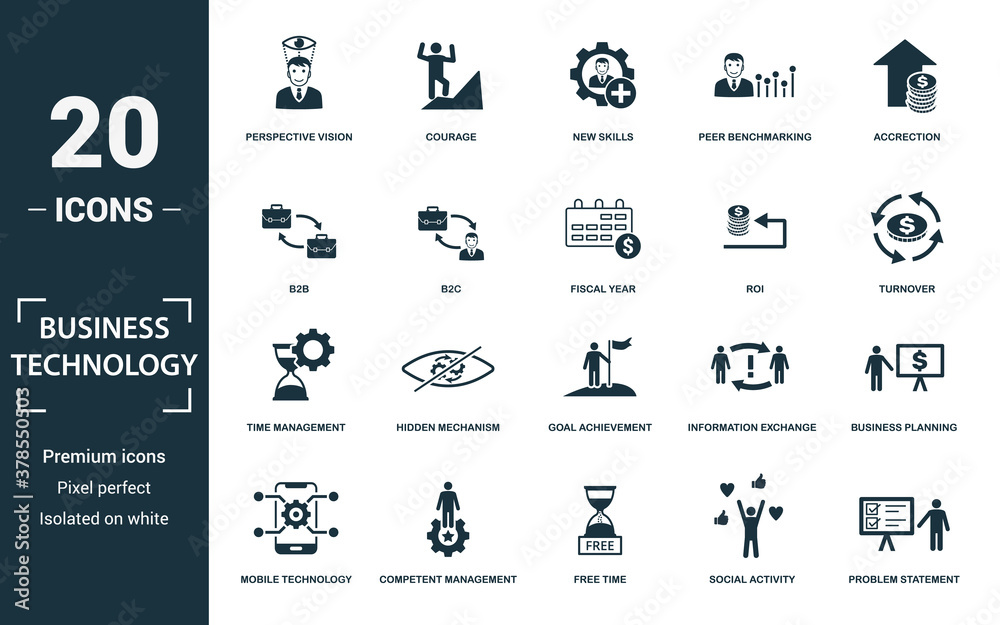 Business Technology icon set. Monochrome sign collection with time ...