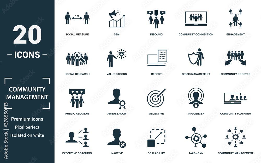 Community Management icon set. Monochrome sign collection with social ...