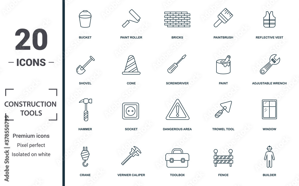Construction Tools icon set. Monochrome sign collection with bucket ...