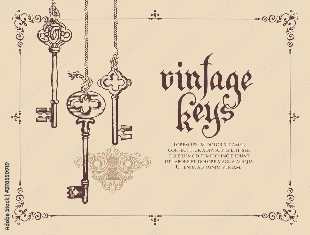 Banner with vintage keys, keyhole, lettering, and place for text on a ...