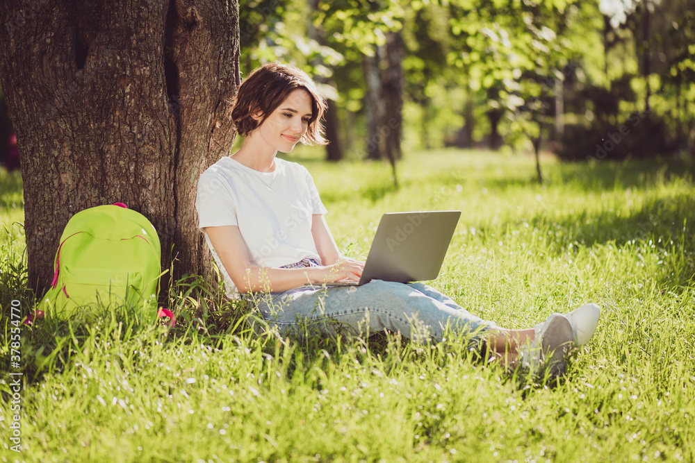 Full body size photo of charming lovely cute lady smiling preparing ...
