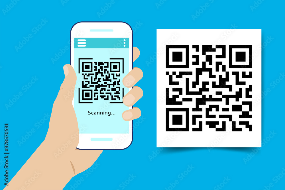 Hand with a phone scanning a QR code on the screen. Cashless technology ...