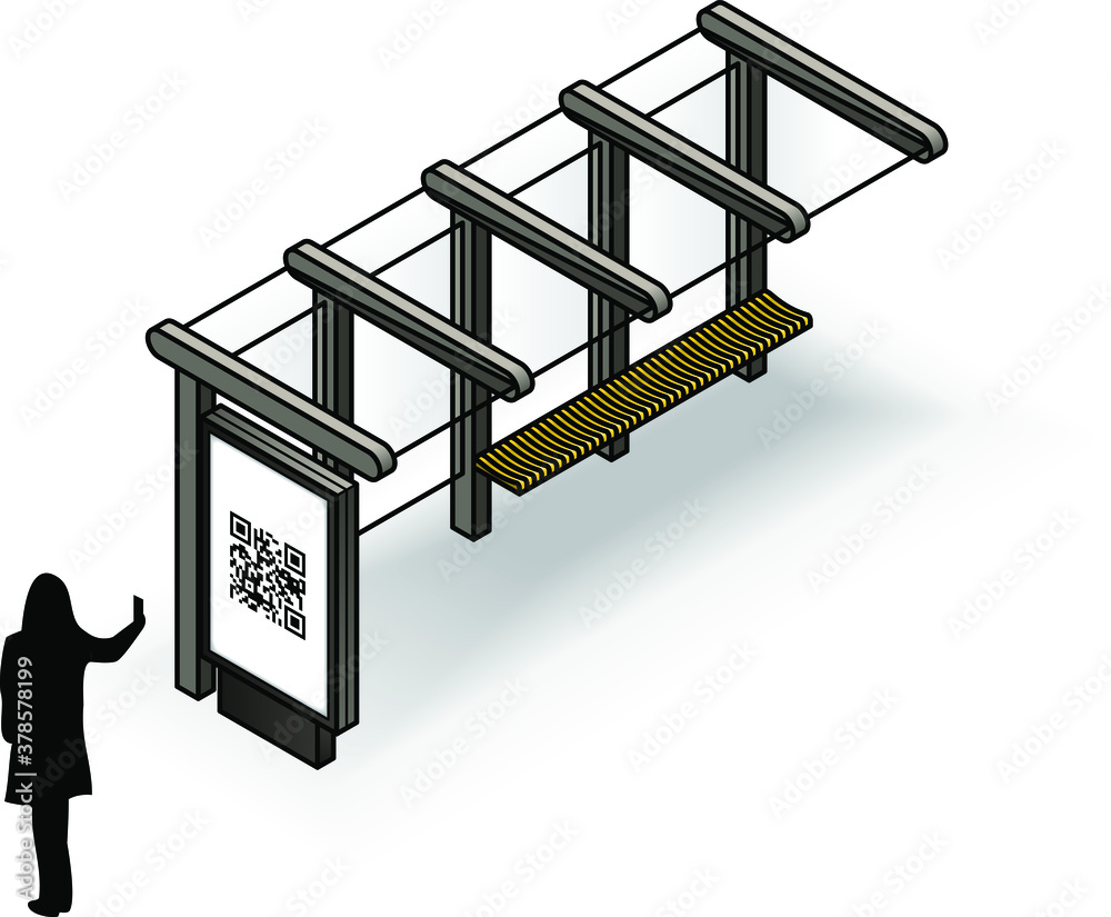 A modern bus stop with an advertising billboard displaying a QR code ...