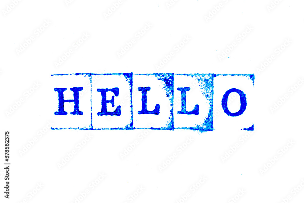 Blue color ink of rubber stamp in word hello on white paper background ...