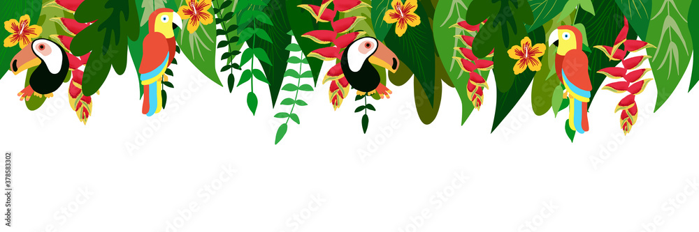 Tropical leaves birds and flowers seamless border. Exotic plants on ...