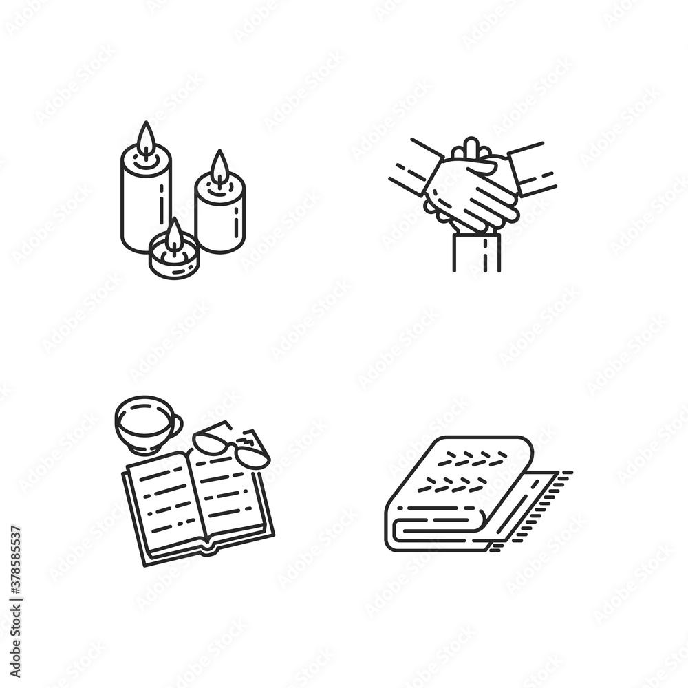 Heart-warming style linear icons set. Lighting candles. Teamwork ...