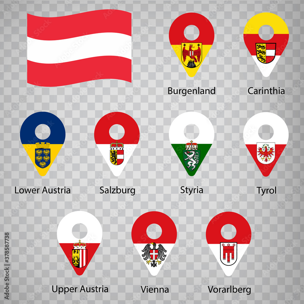Nine flags the Provinces of Austria - alphabetical order with name. Set ...