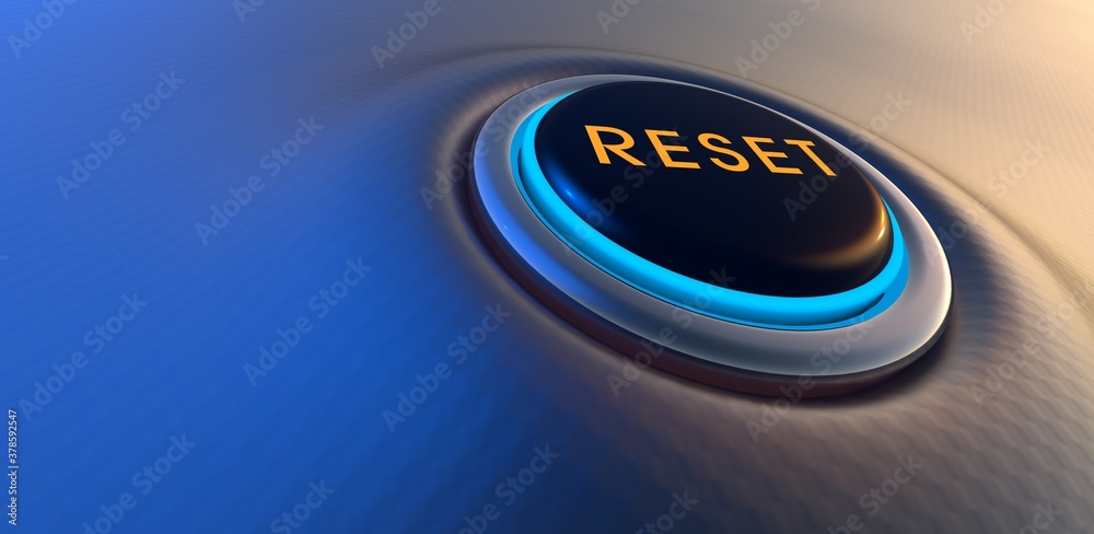 Orange and blue glowing reset button on metallic background. 3D ...