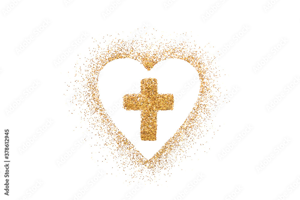 Heart shape with cross on golden glitter over white background Stock ...
