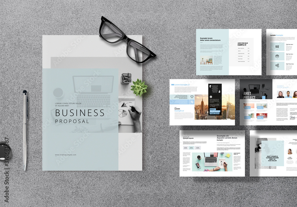 Creative Business Proposal Layout with Sky Blue Accent Stock Template ...
