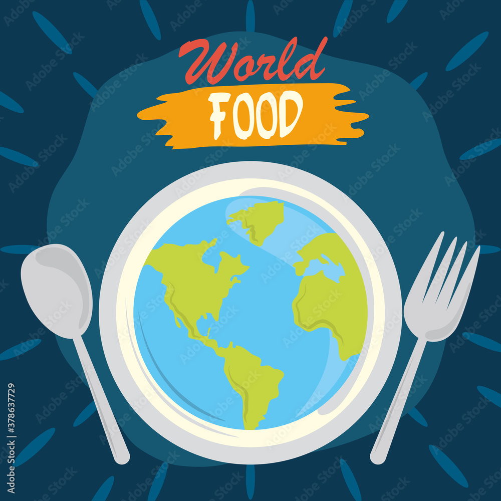 world food day, earth with fork and spoon poster, healthy lifestyle ...