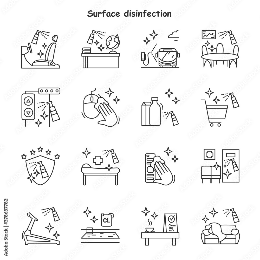 Surface disinfection line icons set. Sanitizing at home, office and ...