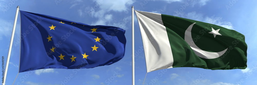 National flags of the European Union and Pakistan, 3d rendering Stock ...