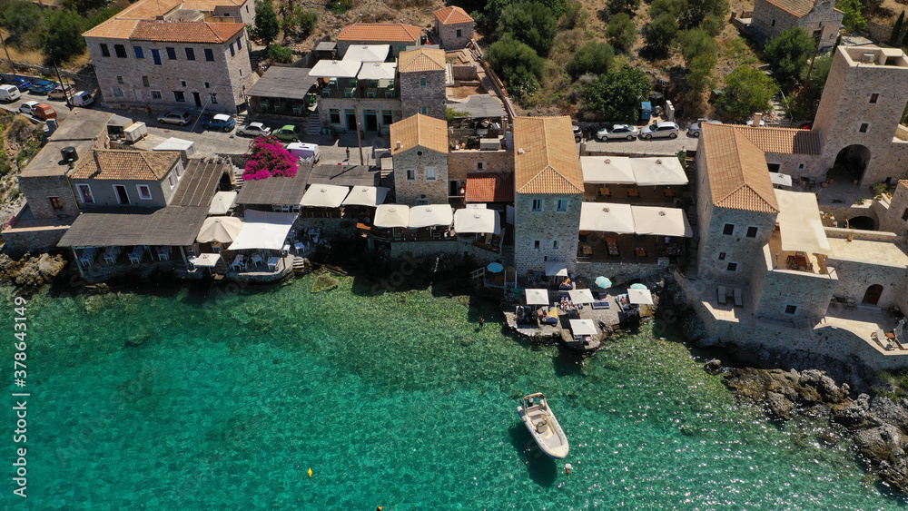Aerial drone photo of beautiful small seaside village of Limeni with ...