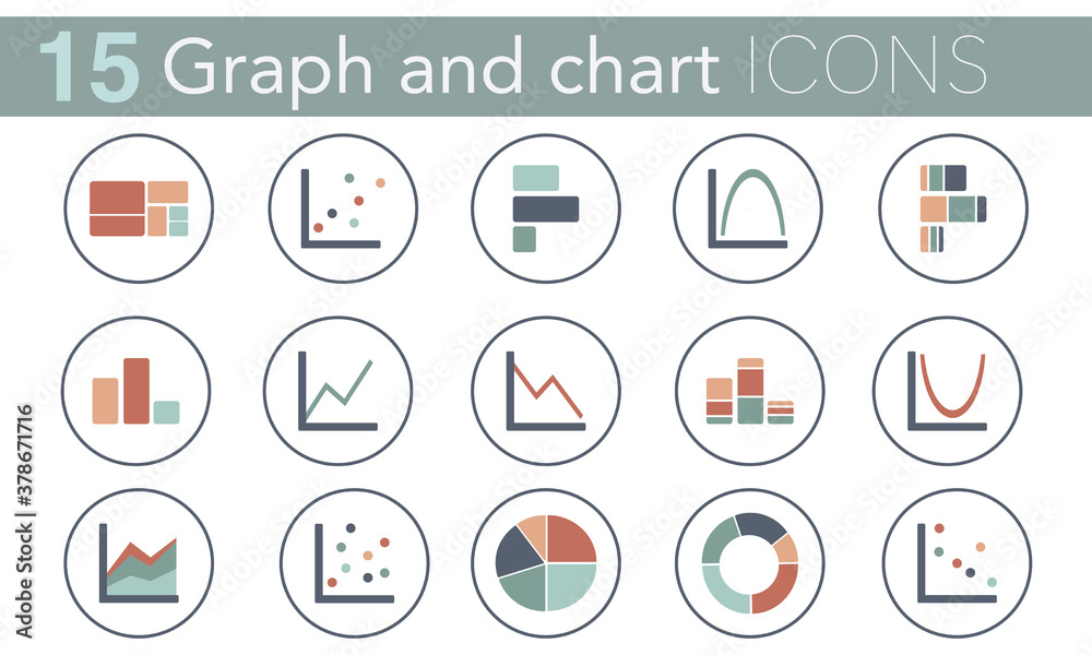 15 two-dimensional analytic graph and chart icons in color Stock Vector ...