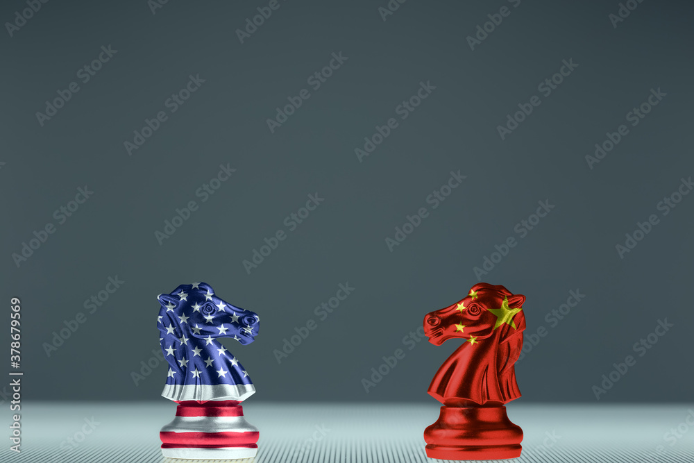 American flag knight chess and China flag knight chess confront each ...