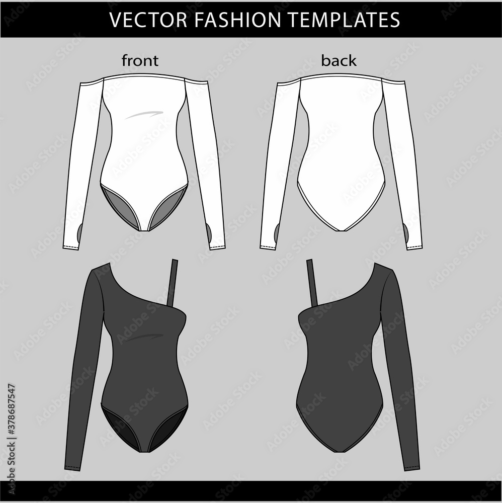 technical drawing fashion flat of women bodysuit with long sleeve front ...