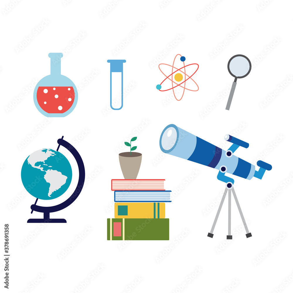 Study symbols and school items set of cartoon flat vector illustration ...