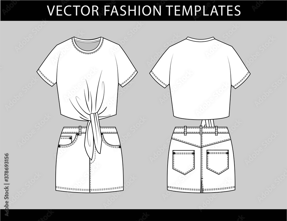 t shirt and mini skirt fashion flat sketch template, casual outfit ...