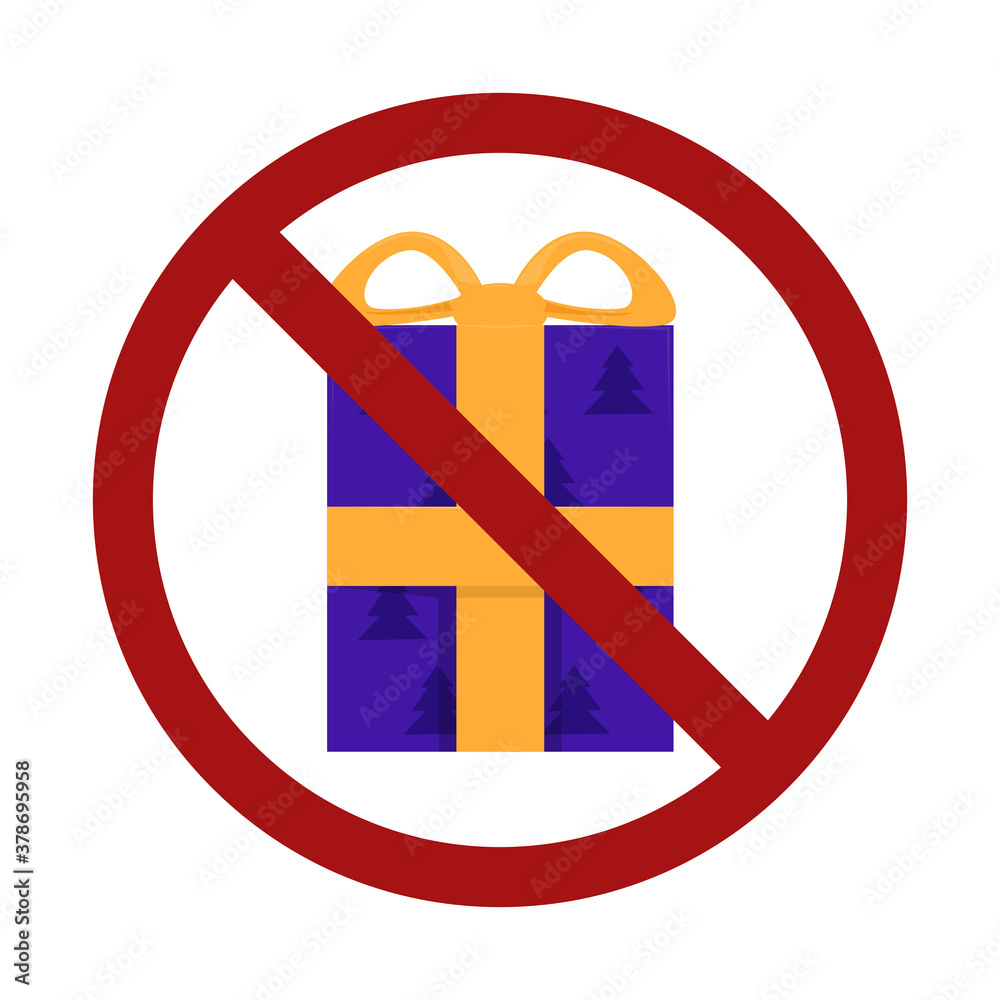 Festive flat gift box with ribbon in prohibition sign. Forbid on giving ...
