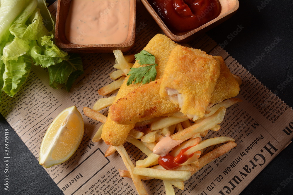 Traditional English Food - Fish and Chips. Fried fish filets and crispy ...