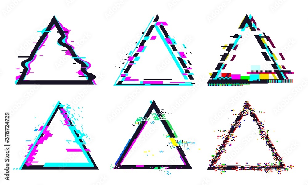 Glitch triangle frame. Destroyed geometric shape with distorted signal or noise. Light bug ...