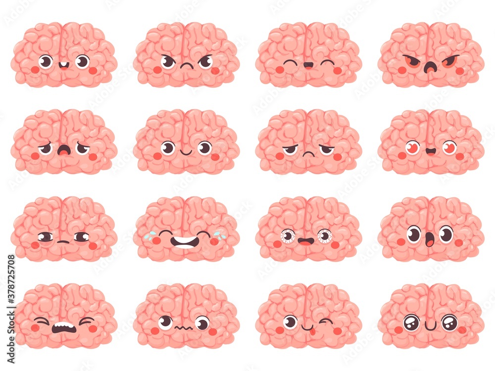 Brain emoticons. Cute brains characters with different face expression ...
