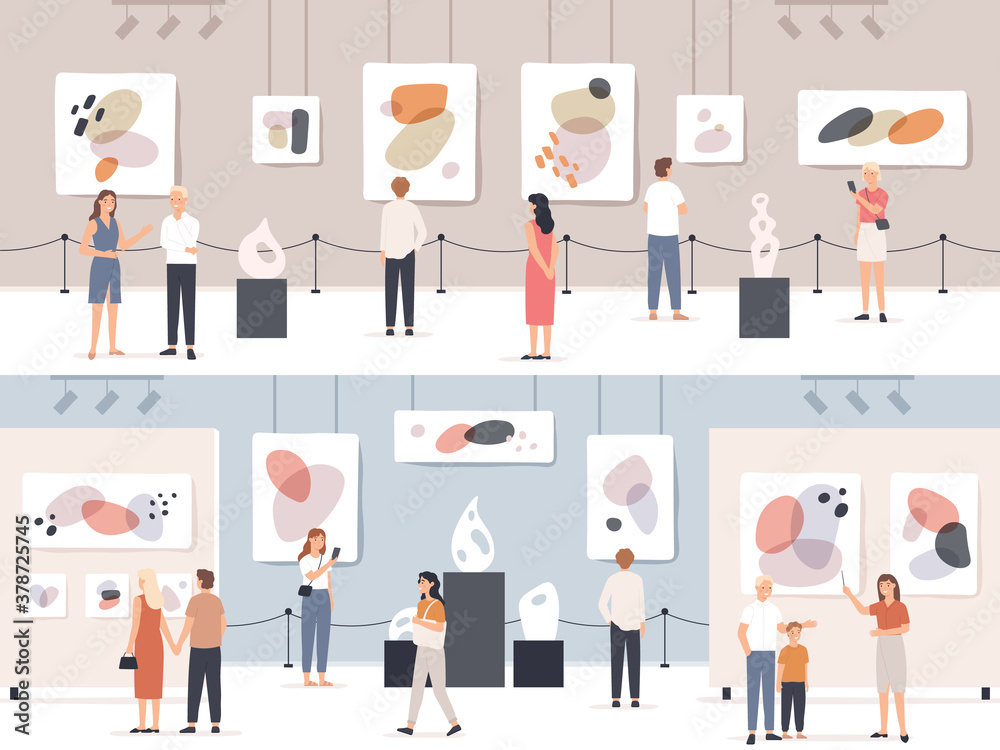 People in museum. Visitors in art gallery looking exposition artwork ...