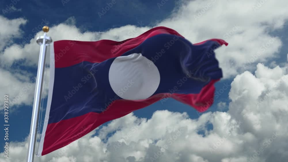 looping flag of laos with flagpole waving in wind;timelapse rolling ...