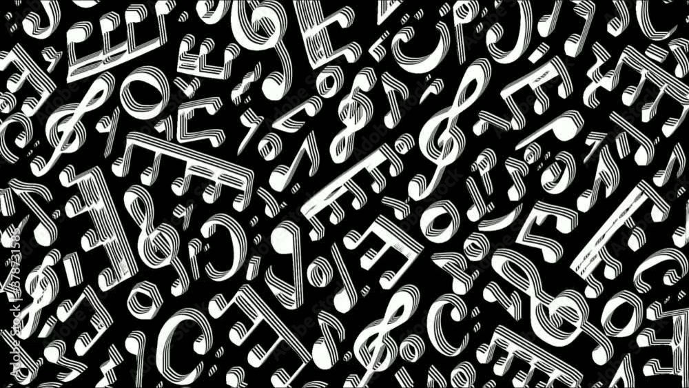 Pretty black and white musical notes floating in black background ...