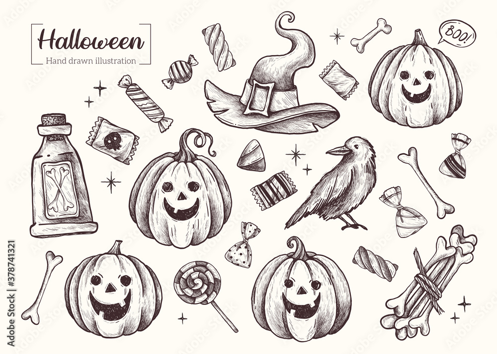 Halloween decorations.Vector Hand Drawn. Line art. Sketch Illustration ...