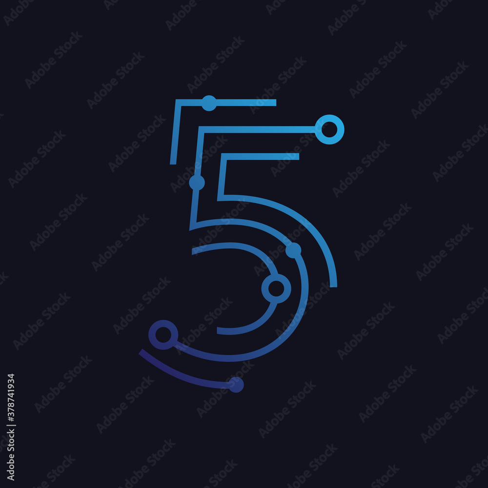 Number five / fifth / 5 vector font alphabet, technological flat design ...