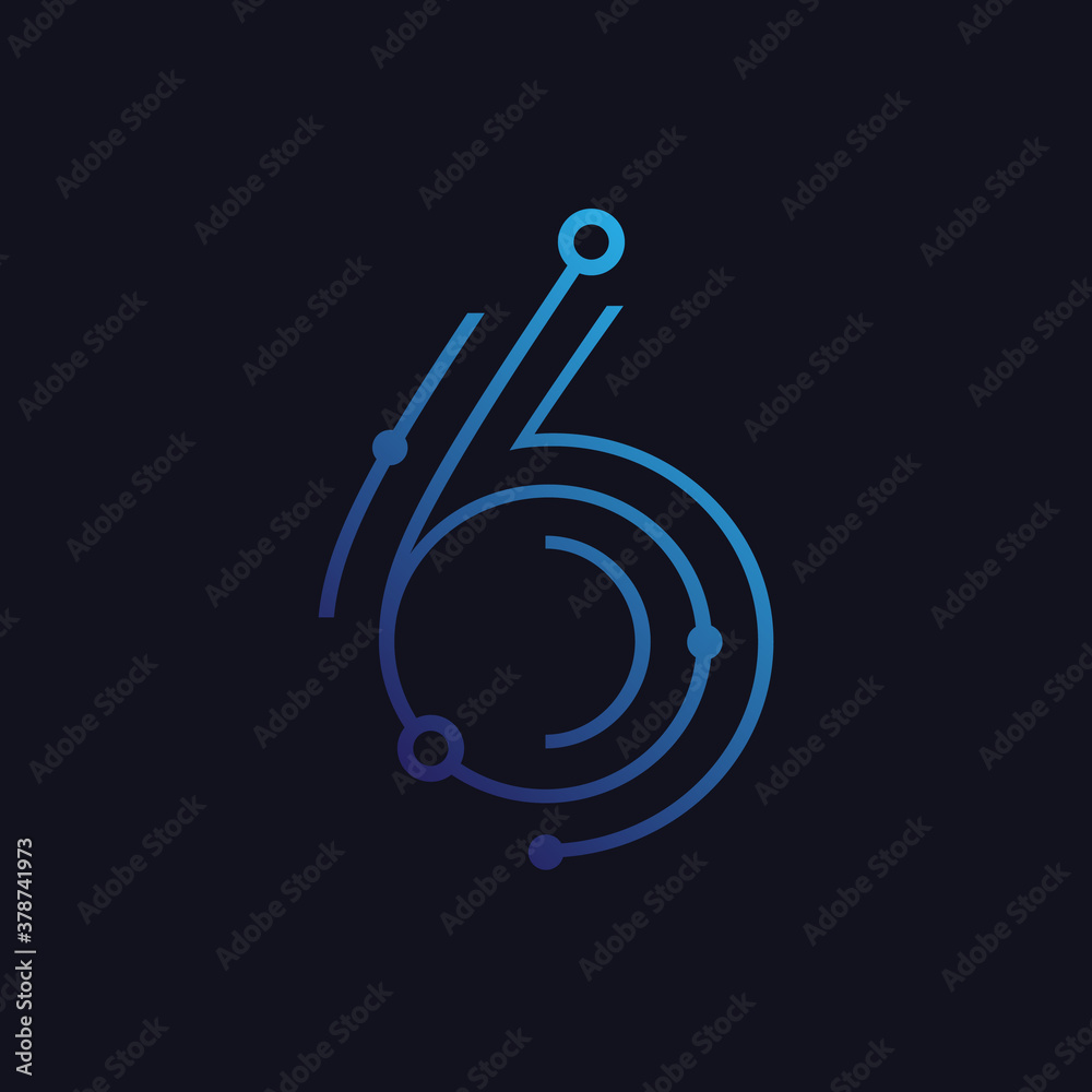 Number six / sixth / 6 vector font alphabet, technological flat design ...