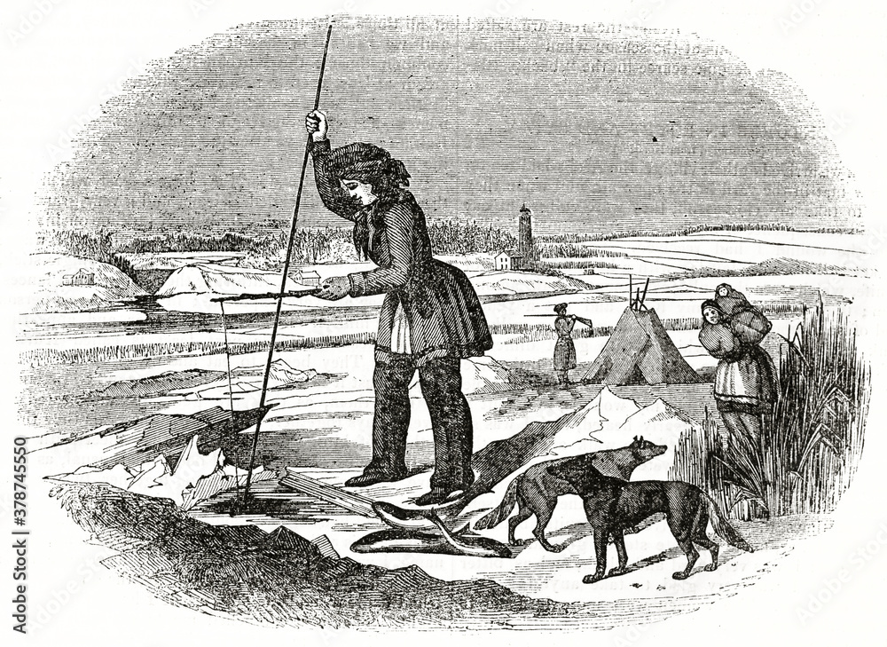 Chippewa native american people ice fishing hole on winter landscape ...